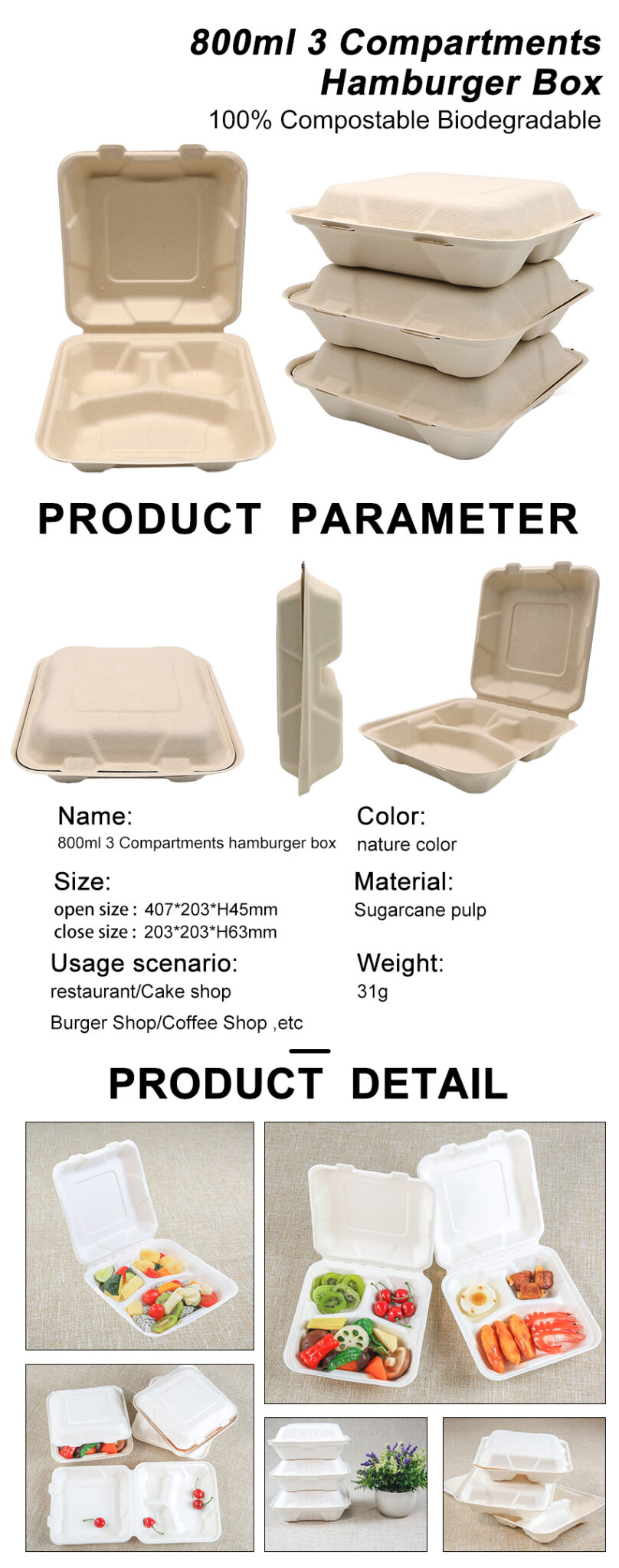 Sugarcane Pulp Clamshell Cibus Continens 800ml VVG-SHBH006 - VVG ECO HI ...